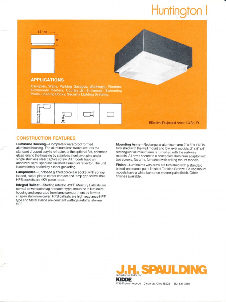 Spaulding Lighting Huntington I Spec Sheet 8-84 | PDF | Architectural ...