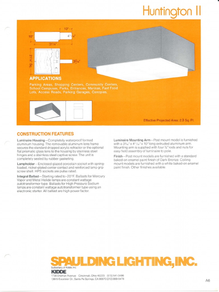 Spaulding Lighting Huntington II Spec Sheet 4-86 | PDF | Lighting ...