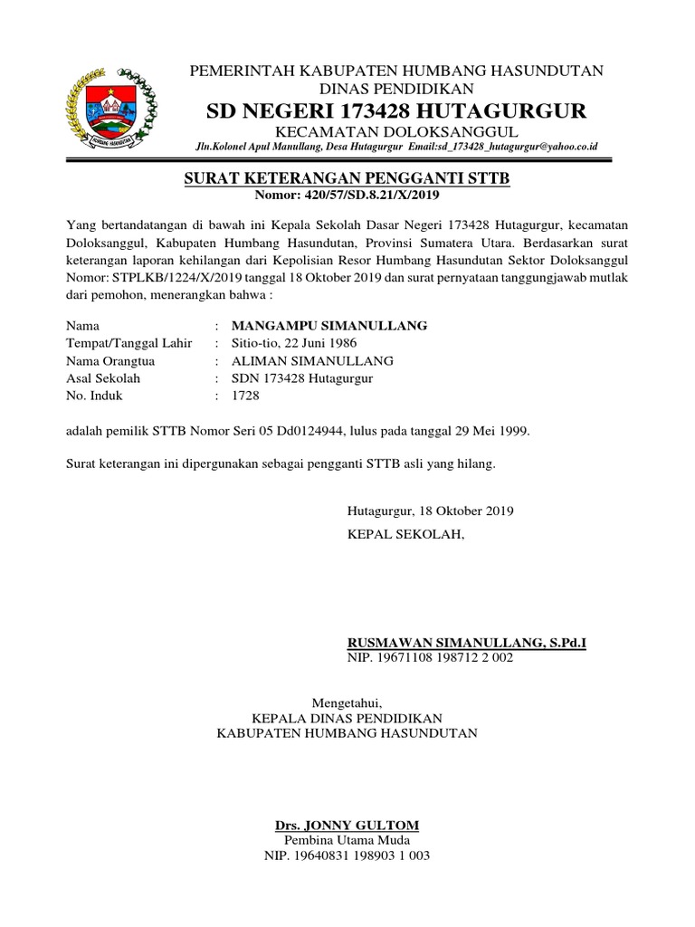Surat Keterangan Pengganti STTB | PDF
