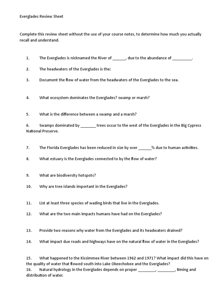 Unit 4 Lesson 6 Everglades Review Worksheet | PDF | Everglades | Habitat