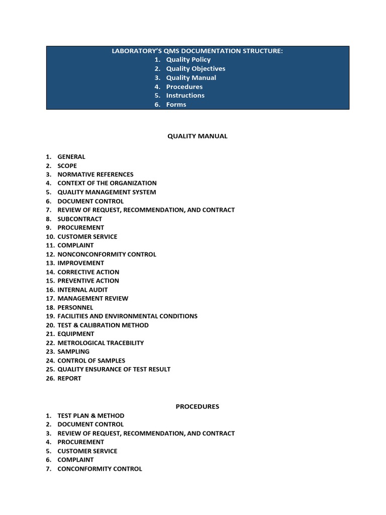 Laboratory QMS Structure: Quality Policy, Objectives, Manual ...