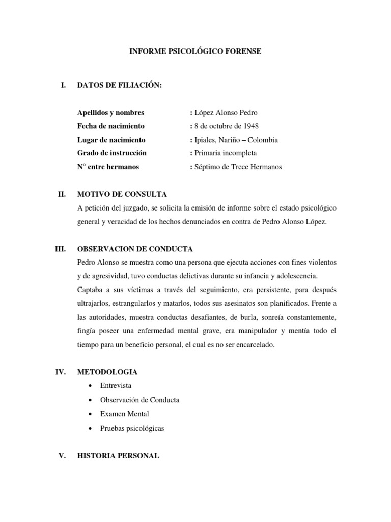 INFORME PSICOLÓGICO FORENCE | Violación | Trastorno mental