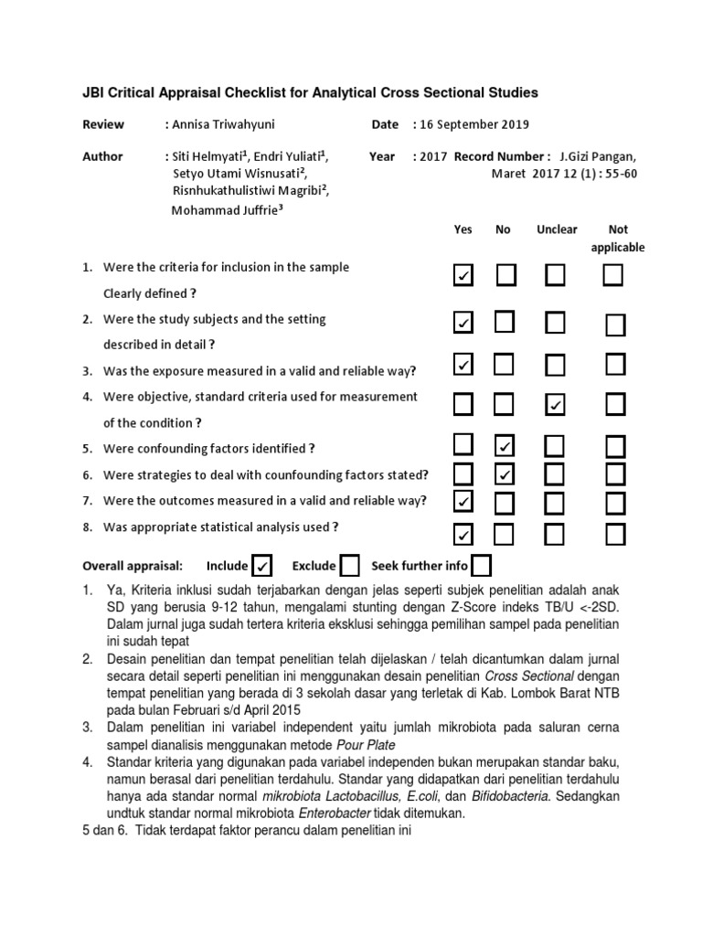 JBI Critical Appraisal Checklist For Analytical Cross Sectional Studies ...