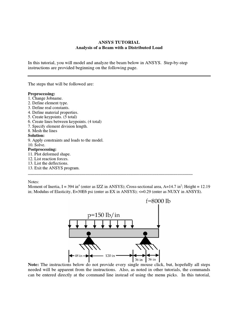 Ansys Tutorial Analysis Of A Beam With A Distributed Load Preprocessing Pdf Beam Structure