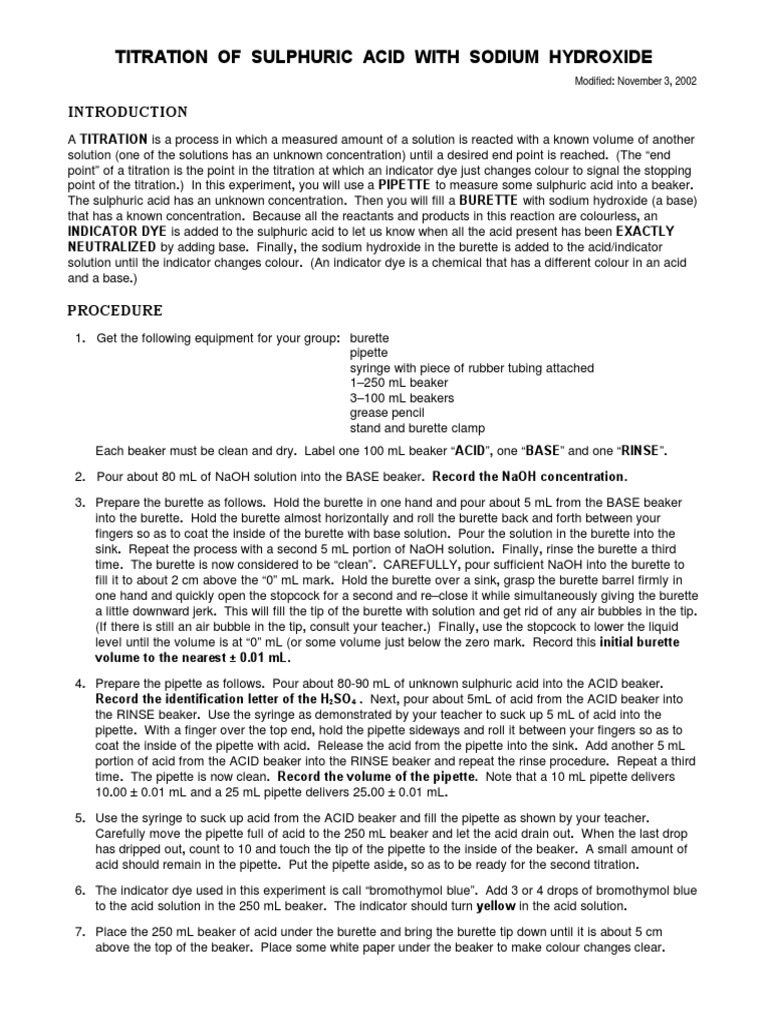 H2SO4 NaOH Titration | PDF | Titration | Chemistry
