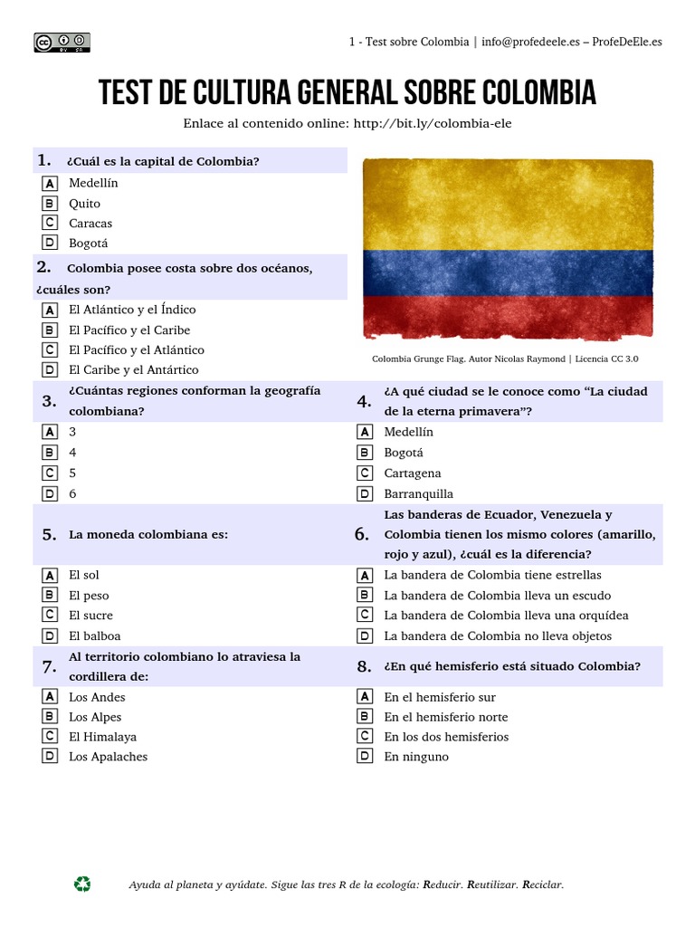 Test de Cultura General sobre Colombia | PDF | Colombia | Bogotá