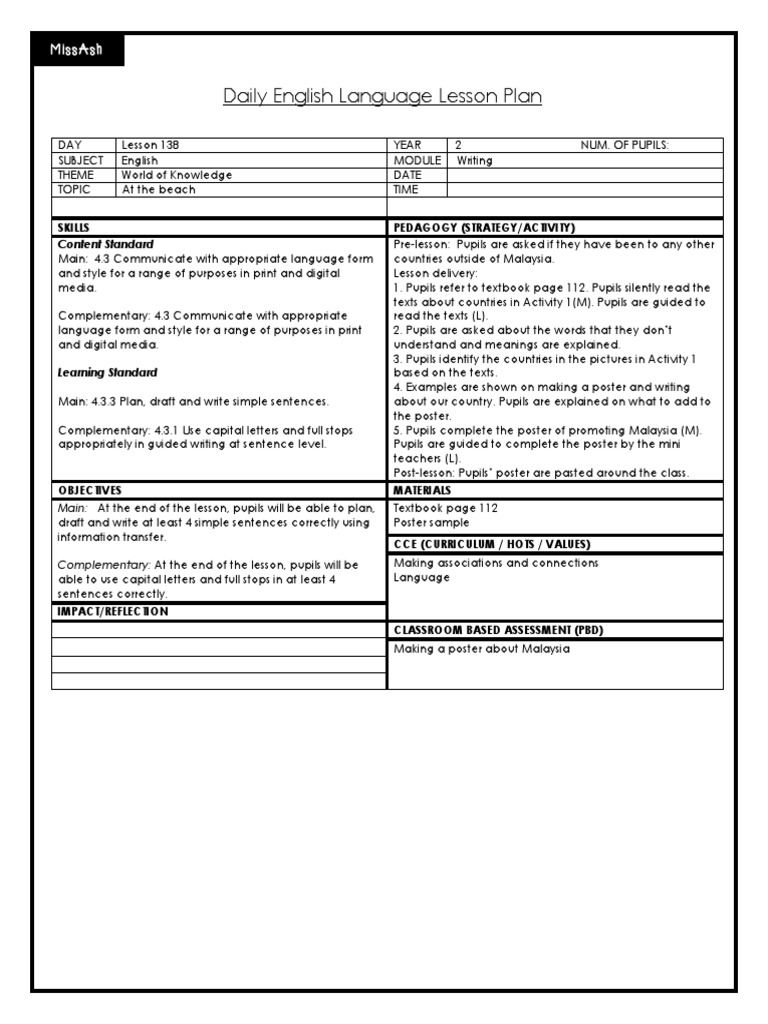 Daily English Language Lesson Plan: Missash | PDF | Lesson Plan | Teachers
