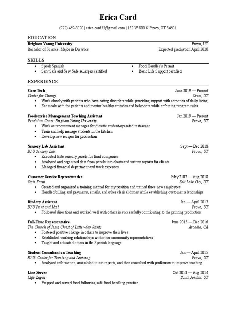 Card Erica Resume | Download Free PDF | Foods