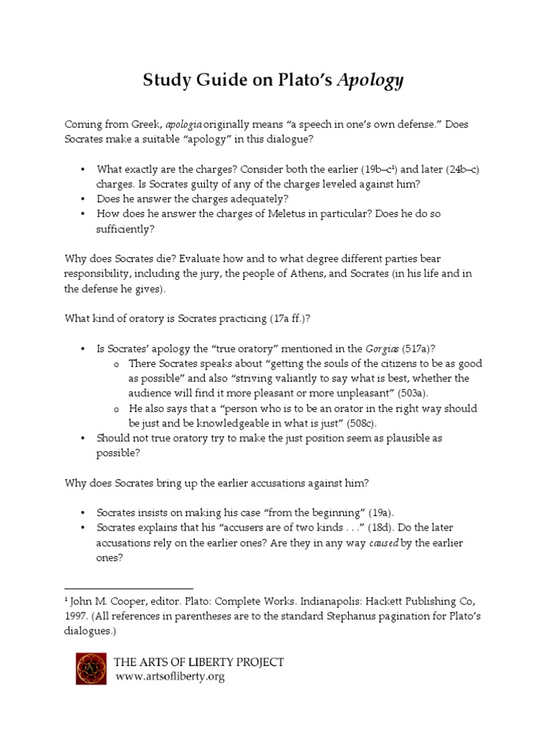 Study Guide On Plato's Apology | PDF | Apology (Plato) | Socrates