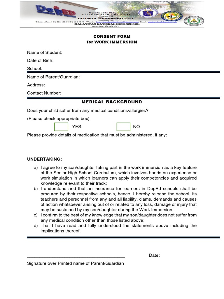 Medical Background: Consent Form For Work Immersion | PDF