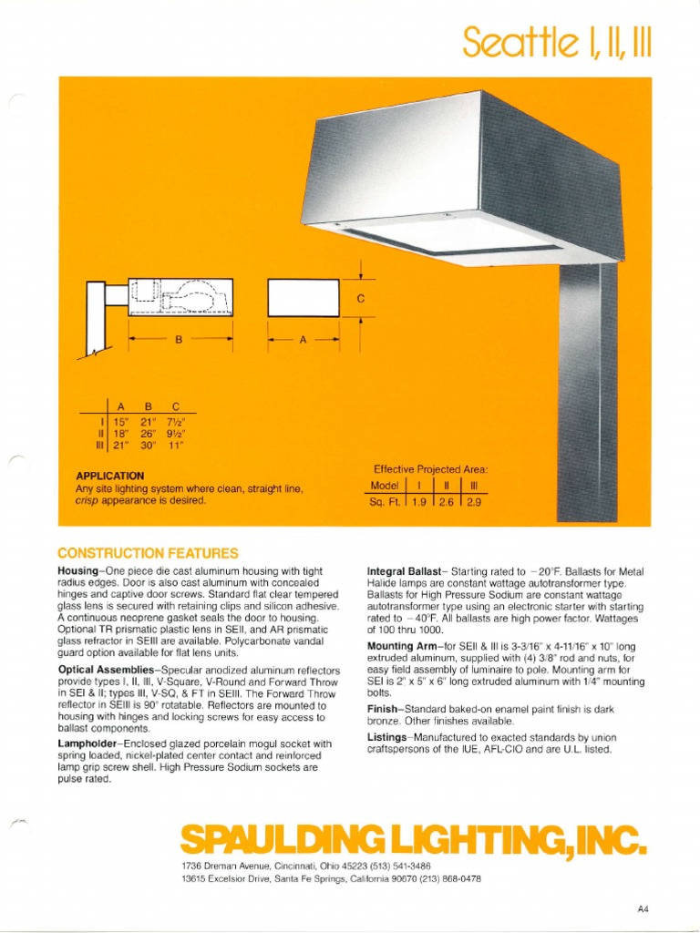 Spaulding Lighting Seattle I-II-III Spec Sheet 9-87 | PDF | Electrical ...