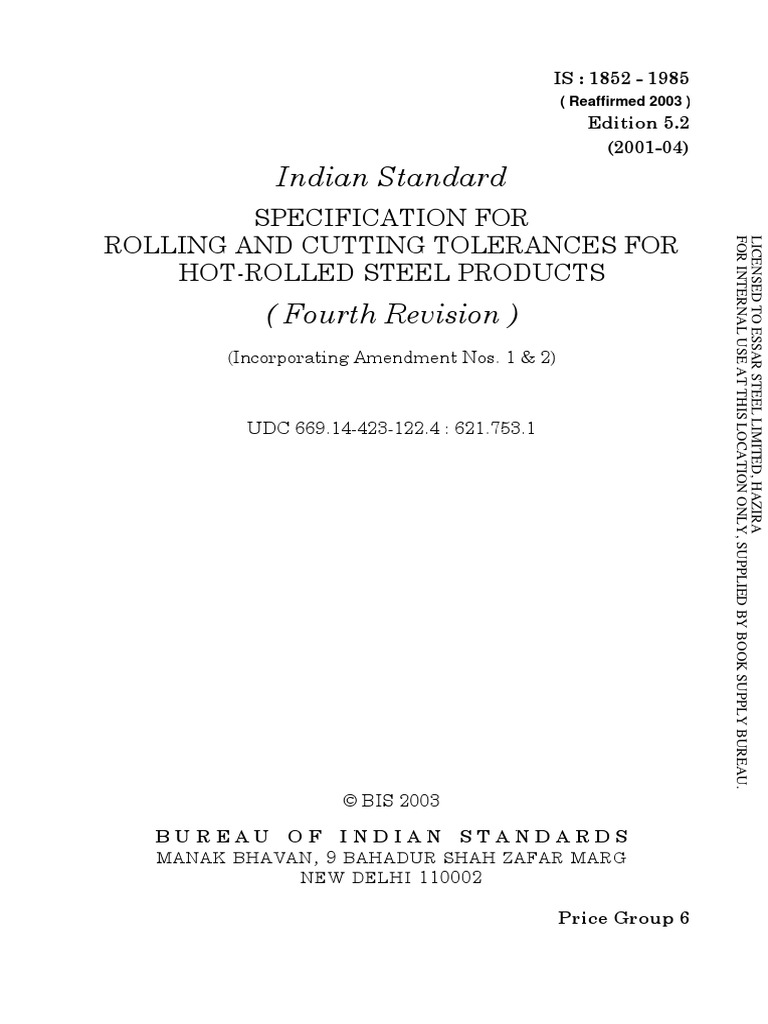 Is 1852 PDF | PDF | Engineering Tolerance | Rolling (Metalworking)