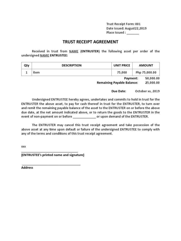 Trust Receipt Agreement | PDF