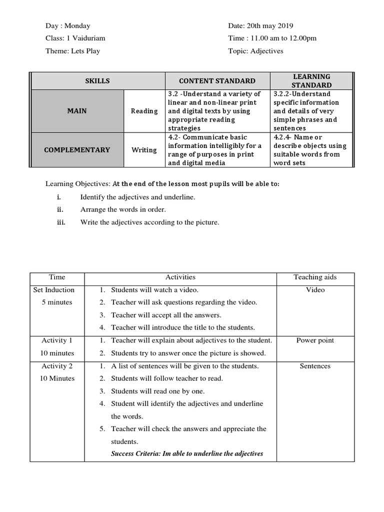 Adjectives Lesson Plan | PDF | Lesson Plan | Pedagogy