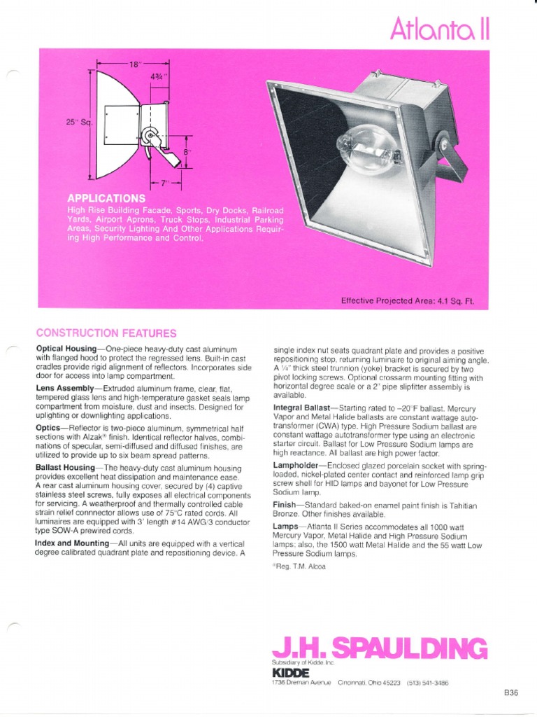 Spaulding Lighting Atlanta II Floodlight Spec Sheet 8-84 | PDF ...