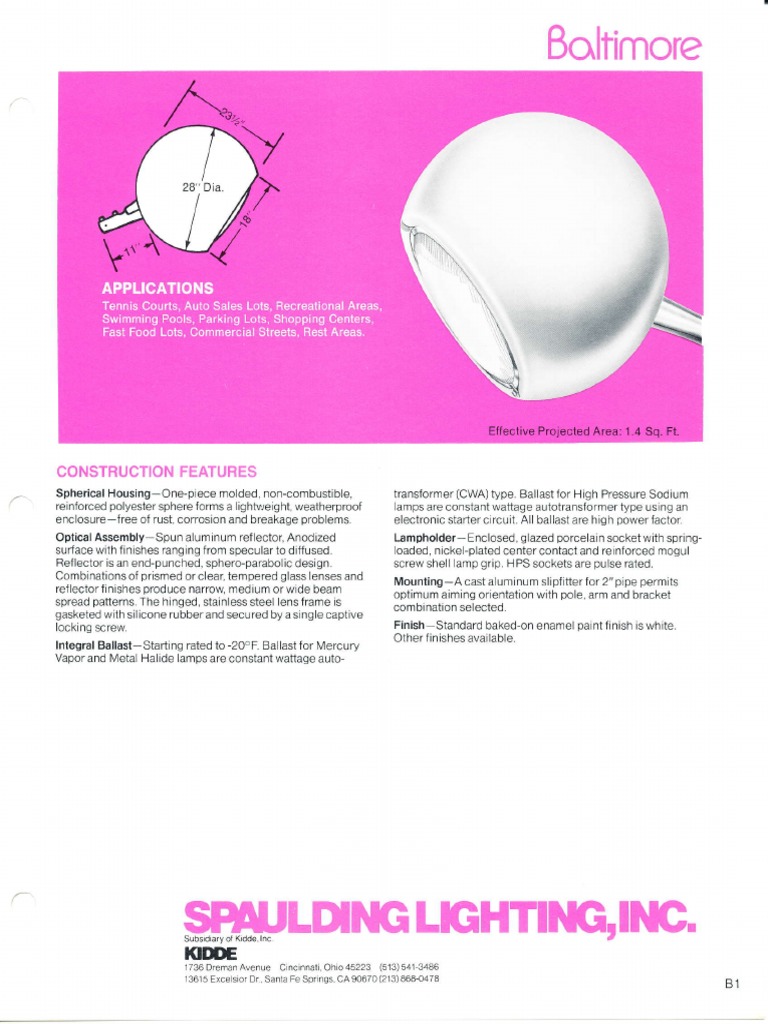 Spaulding Lighting Baltimore Floodlight Spec Sheet 4-86 | PDF | Volt ...