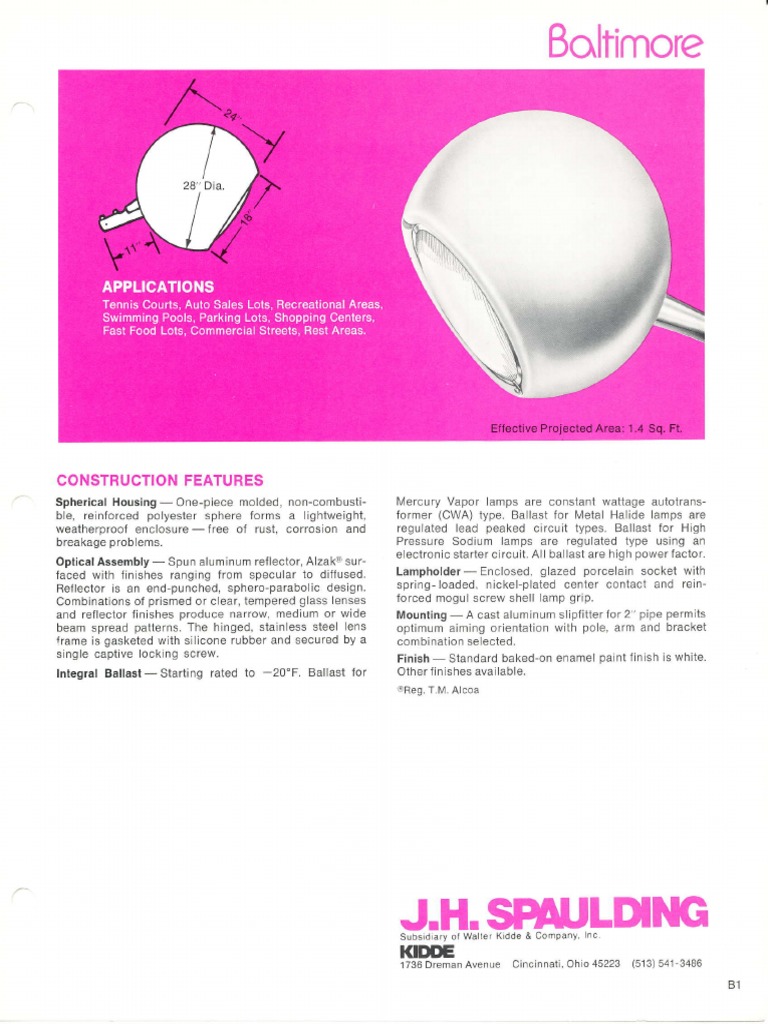 Spaulding Lighting Baltimore Floodlight Spec Sheet 6-77 | PDF | Glass ...