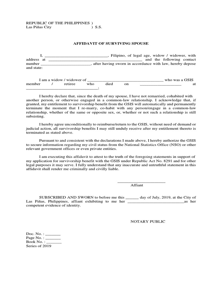 Affidavit of Surviving Spouse for GSIS | PDF | Politics | Law