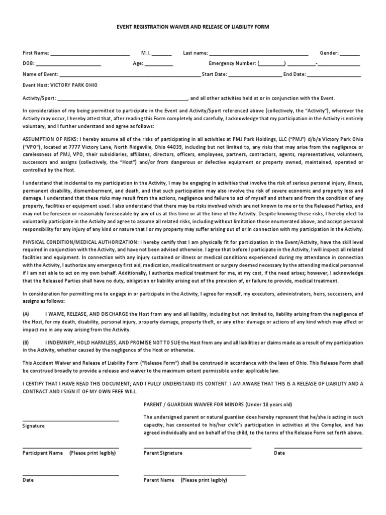 Event Registration Waiver and Release of Liability Form | PDF ...