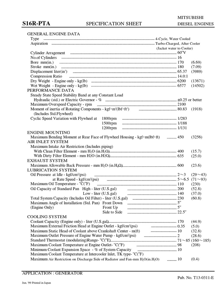 Comprehensive Specification Sheet for a 16-Cylinder Mitsubishi S16R-PTA ...