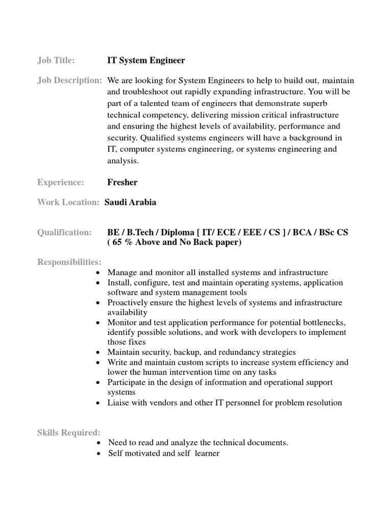 Job Title: Job Description:: IT System Engineer | PDF | Computer ...