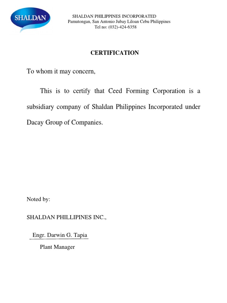 Certification Subsidiary | PDF