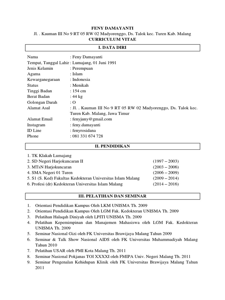 CV Feny Damayanti Menikah dan Berkarir | PDF | Sains & Matematika