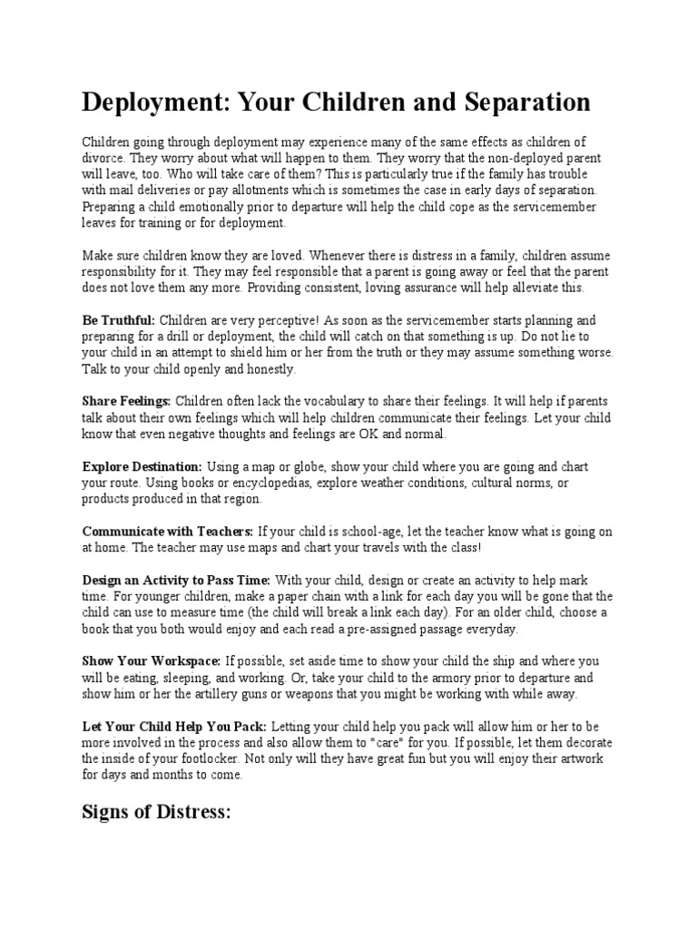 Deployment: Your Children and Separation: Signs of Distress | PDF ...