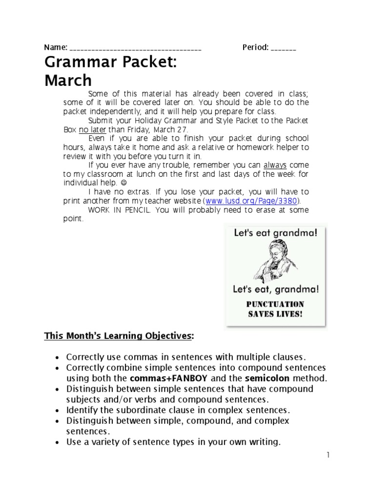March Grammar Packet Overview | PDF | Clause | Sentence (Linguistics)