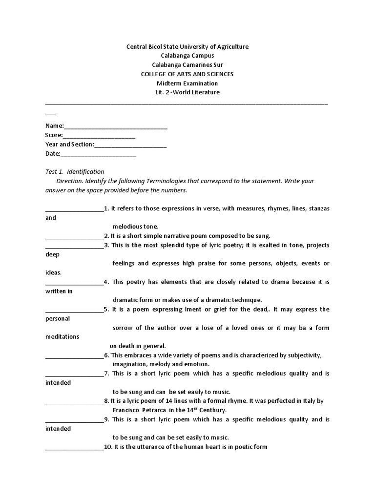 World Literature Midterm Exam Guide | PDF | Lyric Poetry | Poetry
