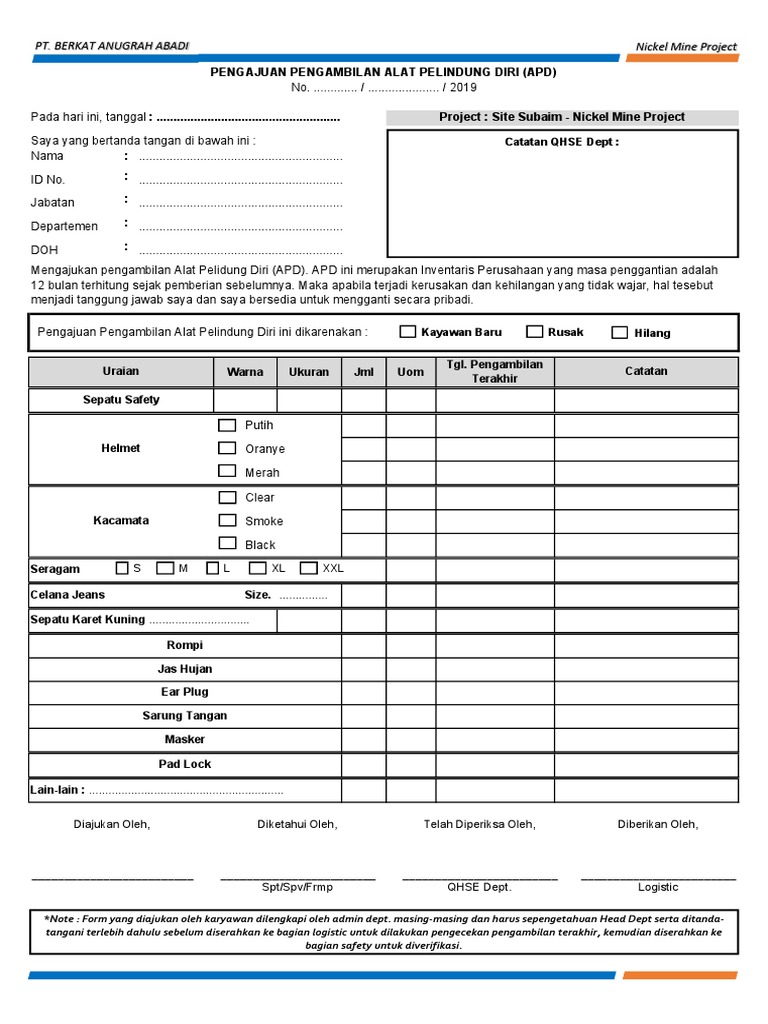 Contoh Form Pengambilan Apd | PDF