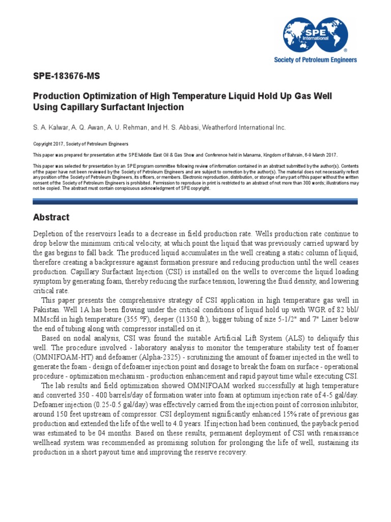 SPE 183676 Production Optimization of High Temperature Liquid Hold Up Gas Well | PDF | Foam ...