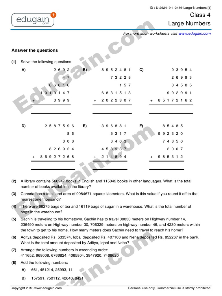 Class 4 Large Numbers: Answer The Questions | PDF | Teaching Mathematics