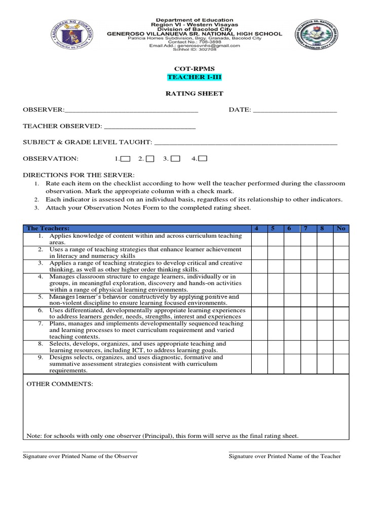 Cot-Rpms Teacher I-Iii Rating Sheet: The Teachers: 4 5 6 7 8 No | PDF ...