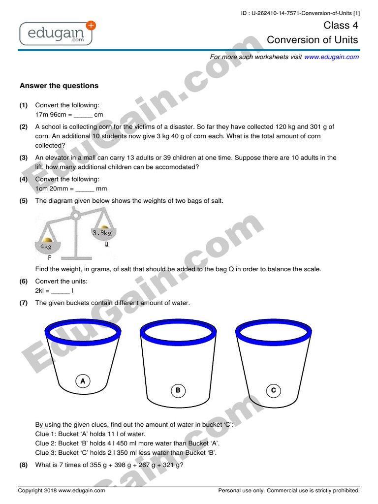 Class 4 Conversion of Units: Answer The Questions | PDF | Litre | Units ...