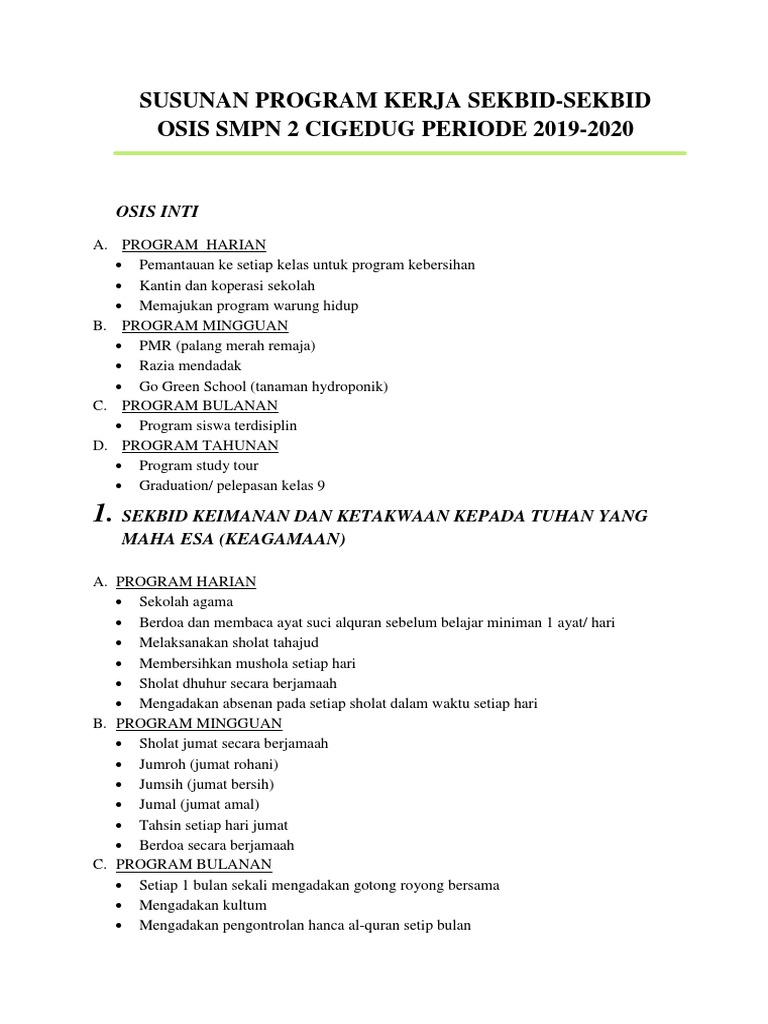 Rencana Program Kerja Sekbid-Sekbid OSIS SMPN 2 Cigedug Periode 2019-2020 | PDF