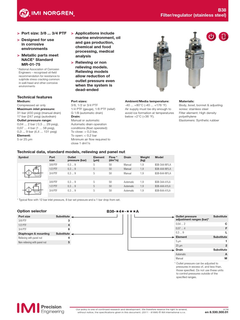 B38 Filter/regulator (Stainless Steel) : Medium: Maximum Inlet Pressure ...