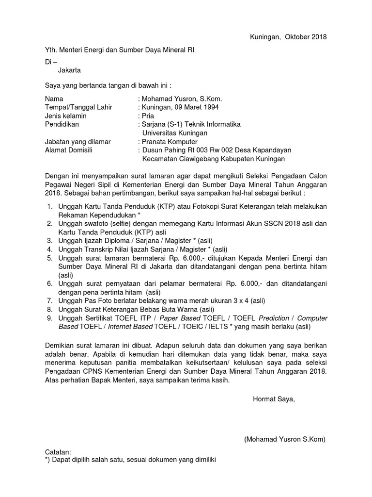 Surat Lamaran Esdm | PDF