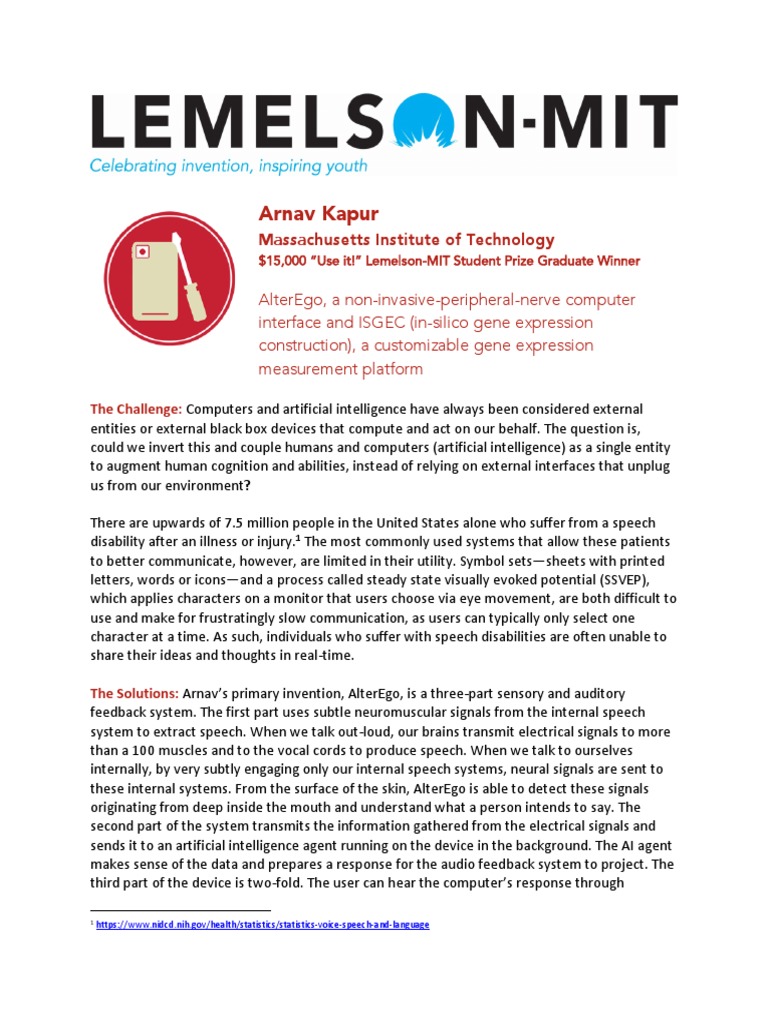 Arnav Kapur Fact Sheet PDF (Lemelson Mit) | PDF | Artificial Intelligence | Intelligence (AI ...