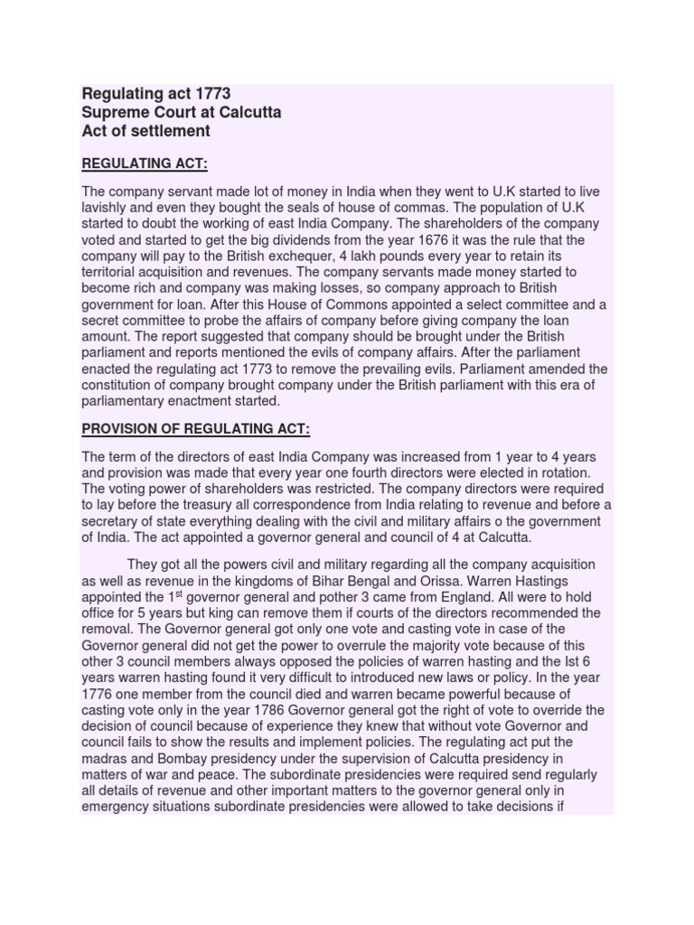 Regulating Act 1773 | PDF | Supreme Courts | Supreme Court Of The ...