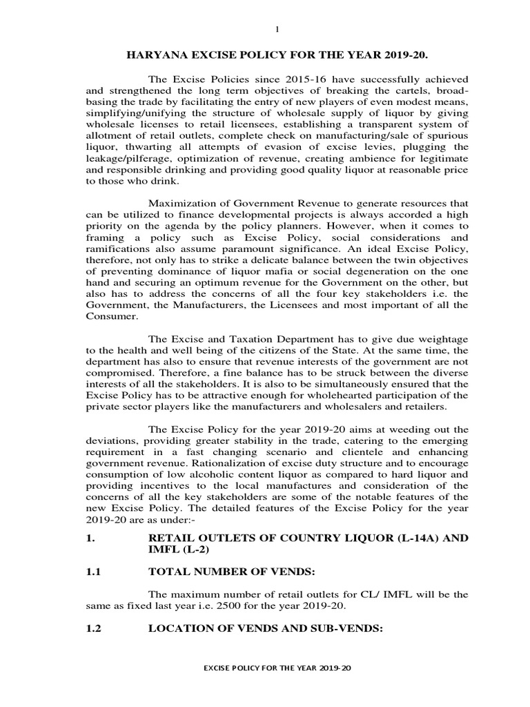 Haryana Excise Policy 2019-2020 | PDF | Excise | Taxation