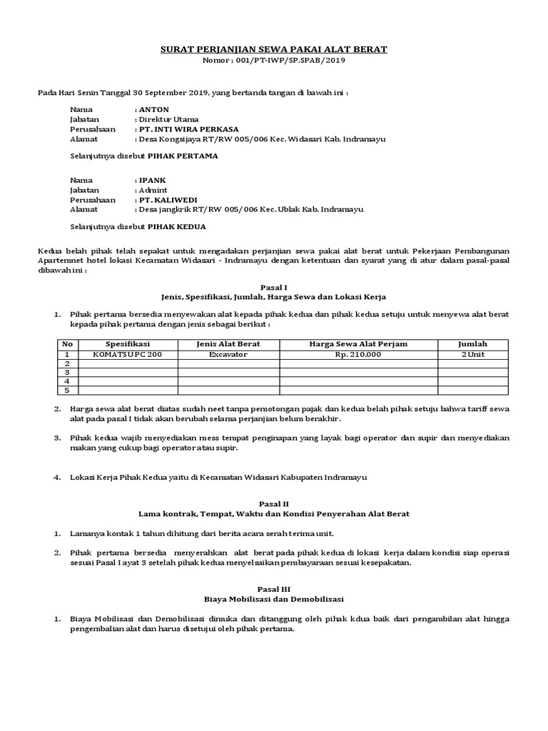 Surat Perjanjian Sewa Pakai Alat Berat | PDF