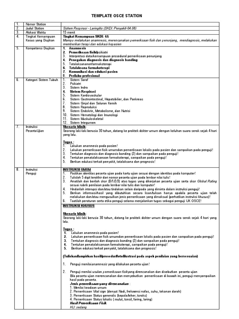 Template Osce Station: Sistem Respirasi - Laringitis (SKDI: Penyakit-04 ...