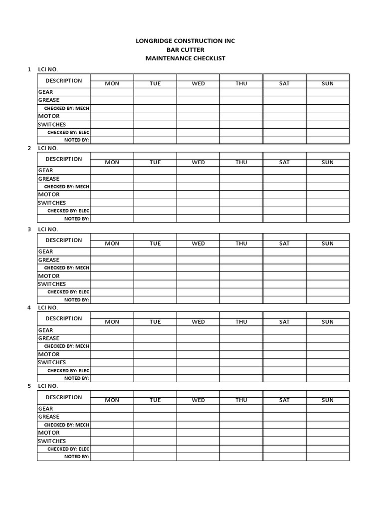 Bar Cutter Maintenance Checklist | PDF | Technology & Engineering