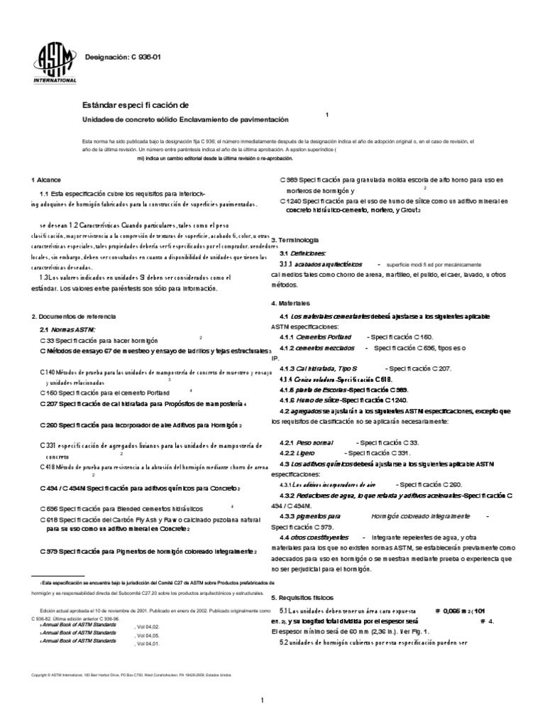 ASTM C936-01 Español | PDF | Hormigón | Sustancias químicas