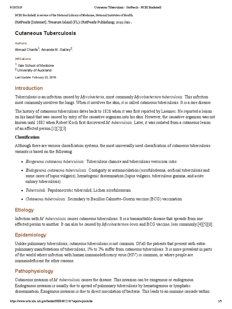 Cutaneous Tuberculosis - StatPearls - NCBI Bookshelf | PDF | Immunodeficiency | Tuberculosis