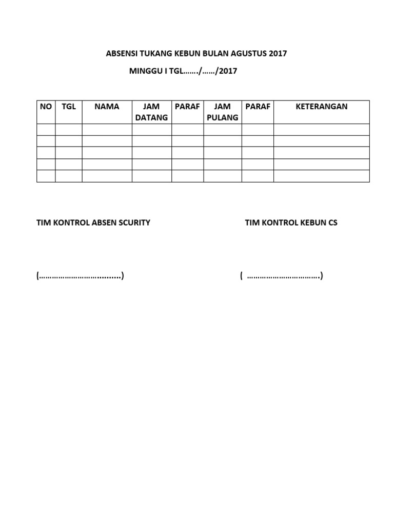 Absensi Tukang Kebun 2017 Minggu I | PDF