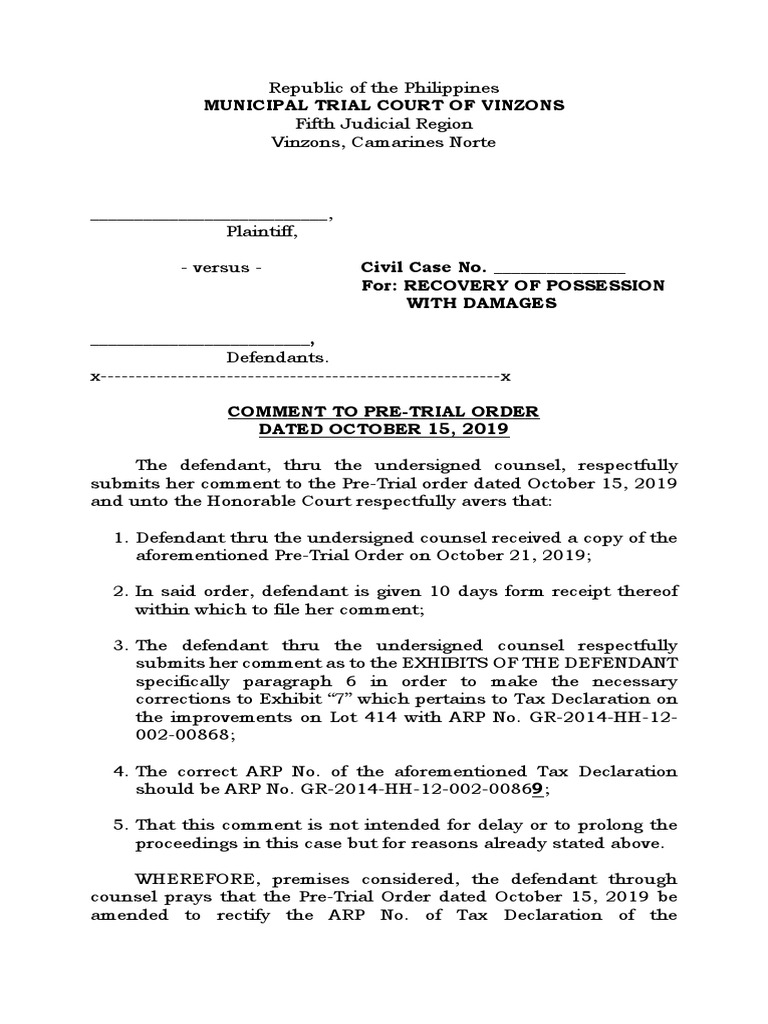 Comment on Pre-Trial Order Correction | PDF