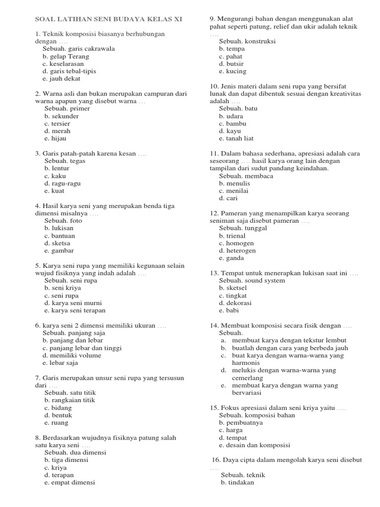 Soal Latihan Seni Budaya Kelas Xi | PDF