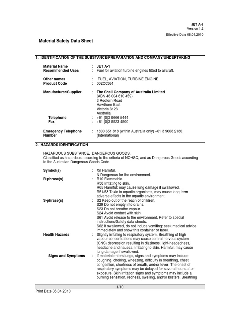 Jet A-1 Fuel Safety Data Sheet | PDF | Dangerous Goods | Toxicity